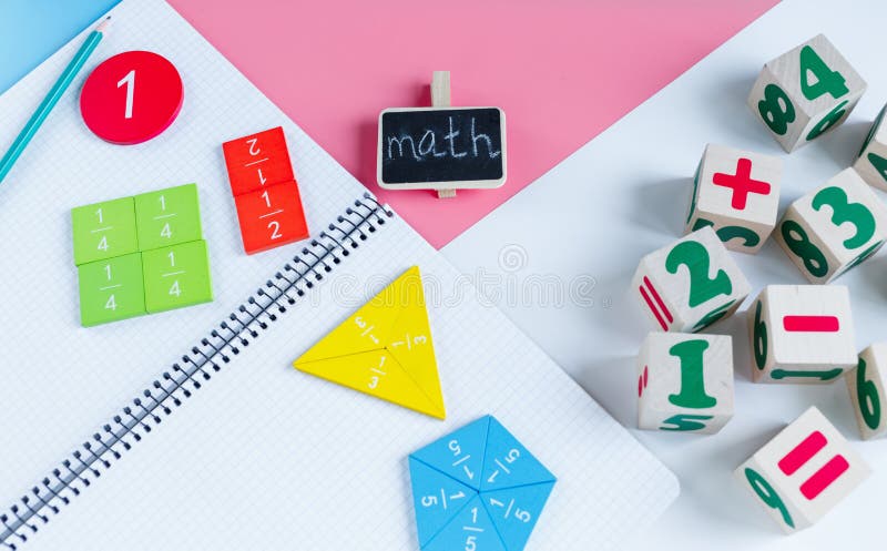 Multicolored Math Fractions, Open Notebook, Numbers on Blue Pink White ...