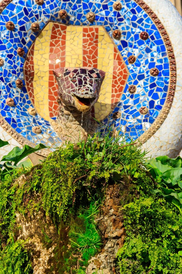 Multicolored Mosaic Snake of Gaudi in Park Guell, Barcelona, Spain ...