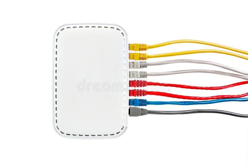 Multicolored Network Cables Connected To Router on a White Background ...