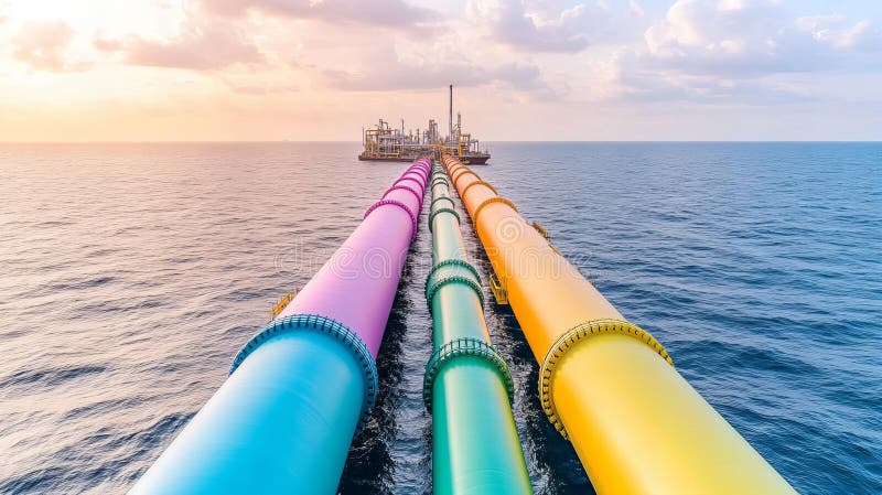 Multicolored Offshore Pipeline Network Leading To Large Platform at Sea ...