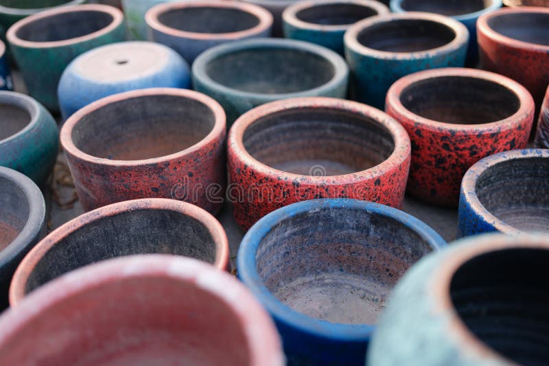 Multicolored Old Empty Clay Pots. Decorative Ornament of Ancient Potter ...