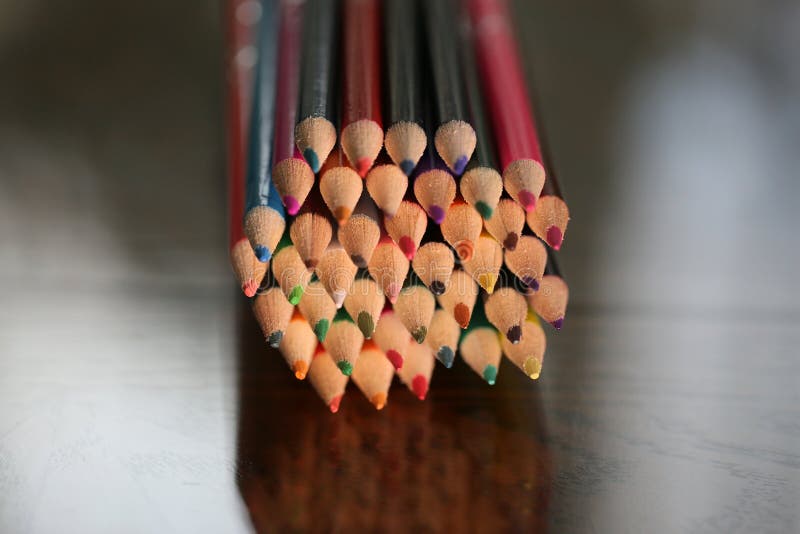 Multicolored Pencils on the Table. a Stack of Colored Pencils Ti Stock ...