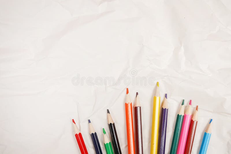 Multicolored Pencils on White Crumpled Paper, Copy Space Stock Image ...