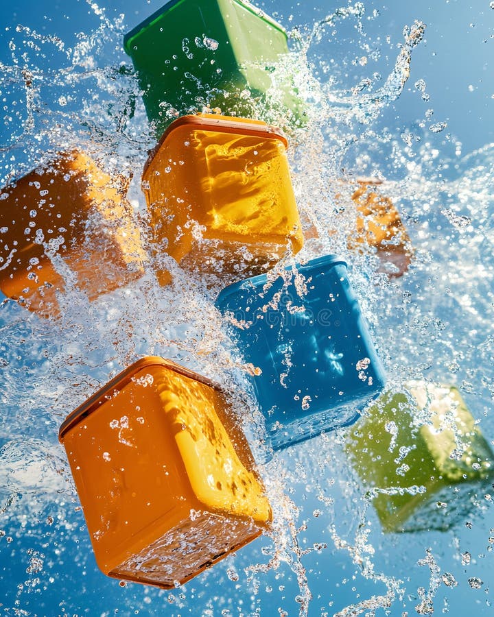 Multicolored Plastic Cubes Falling through Water Against a Bright Blue ...