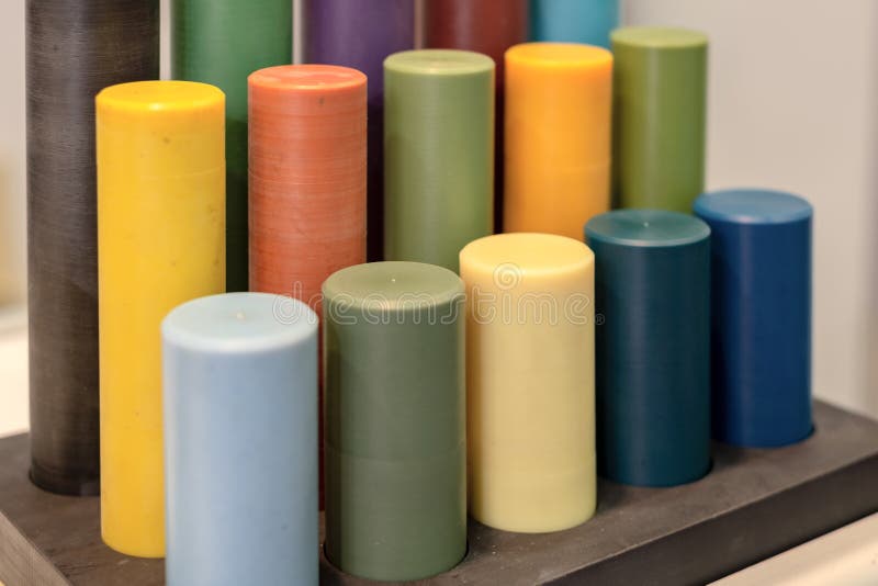 Multicolored Plastic Cylinders. Sample of Manufactured Chemical ...
