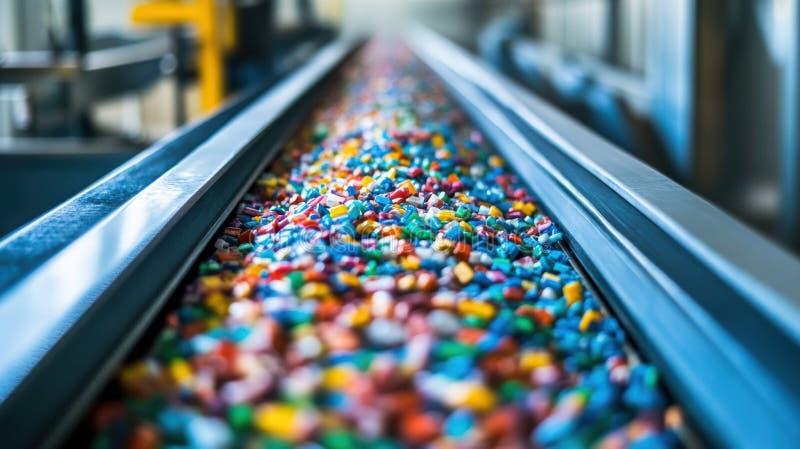 Multicolored Plastic Granules Moving on Conveyor Belt in Factory Stock ...