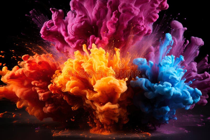 Multicolored Powder, Smoke and Ink Explode on a Black Background ...