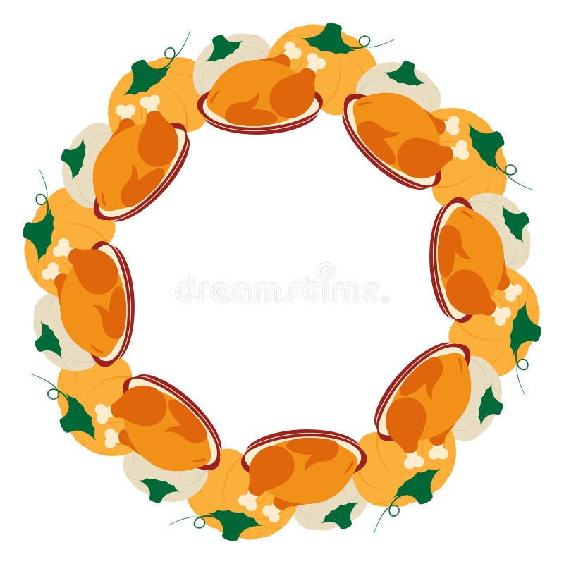 Multicolored Pumpkins and Fried Turkey on Plate Circle Frame Border Thanksgiving Copy Space ...