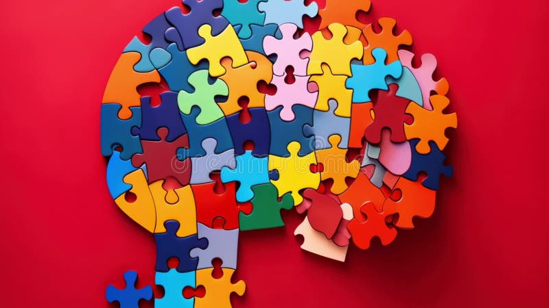 Colorful Puzzle Pieces Forming Brain Shape on Red Background Stock ...