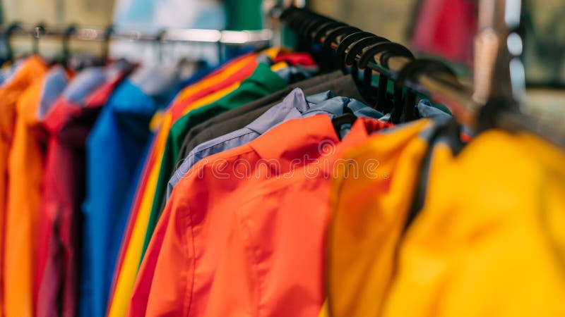 Multicolored Rain Jackets Hang on Hangers in the Store Stock Image ...