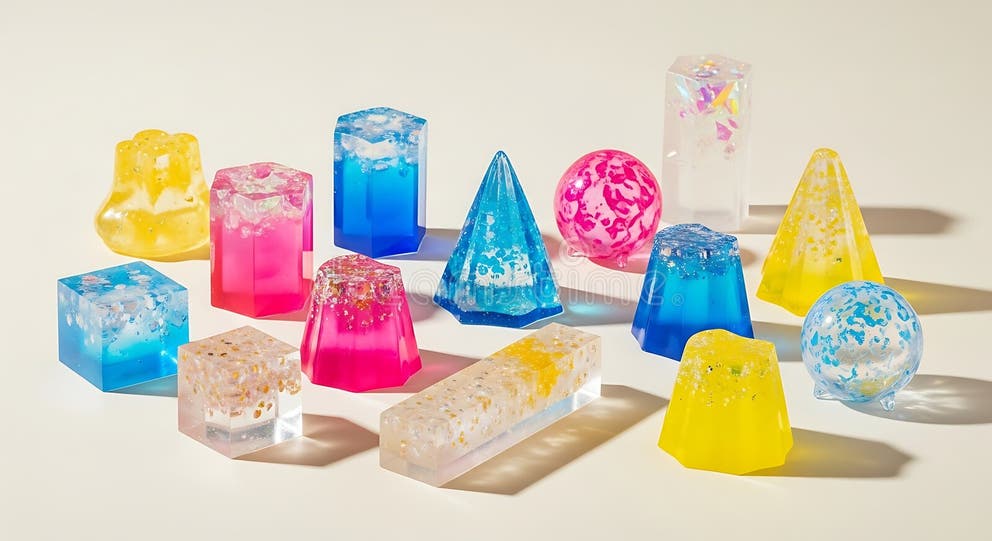 Multicolored Resin Objects in Various Geometric Shapes, Including Cubes ...