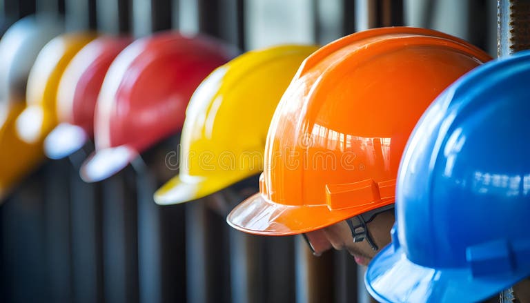 Multicolored Safety Construction Worker Hats. Teamwork of the ...