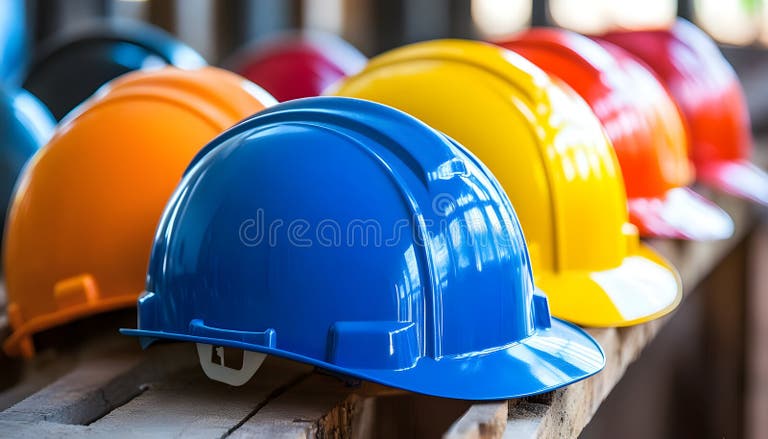 Multicolored Safety Construction Worker Hats. Teamwork of the ...