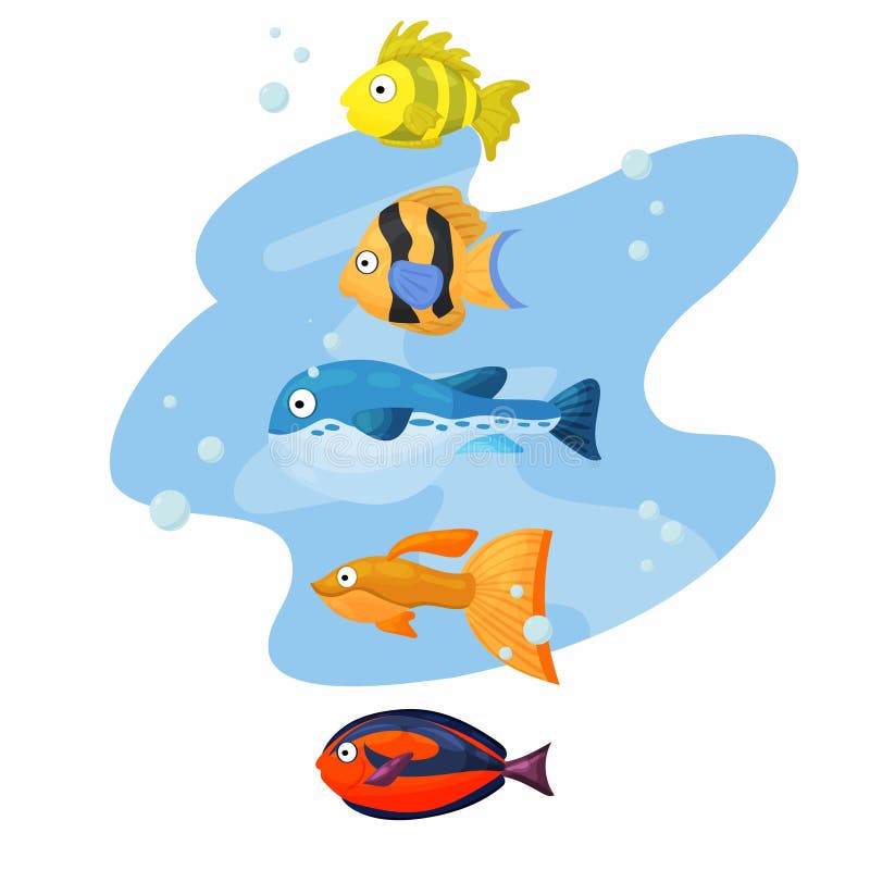Set of Five Different Fish Under Water Stock Vector - Illustration of ...