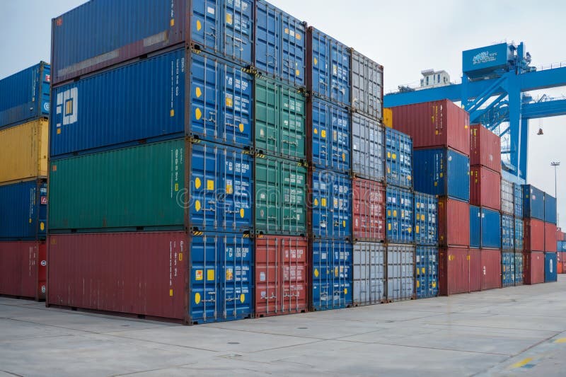 Multicolored Shipping Containers Stacked at Logistics Hub Stock ...