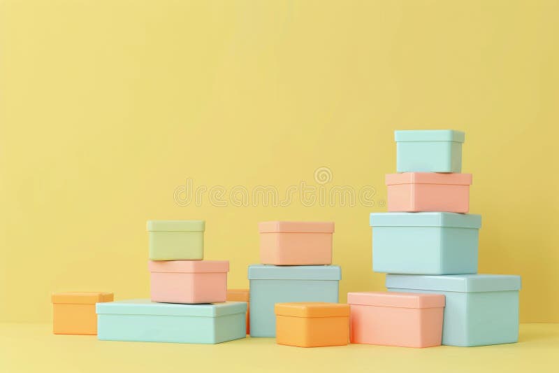 Multicolored Stackable Storage Boxes on Yellow Background - Minimalist ...