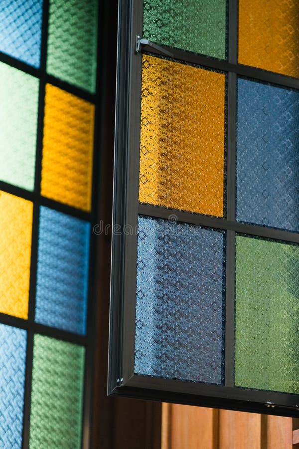 Multicolored Stained Glass Window with Rectangular Pattern in Blue ...