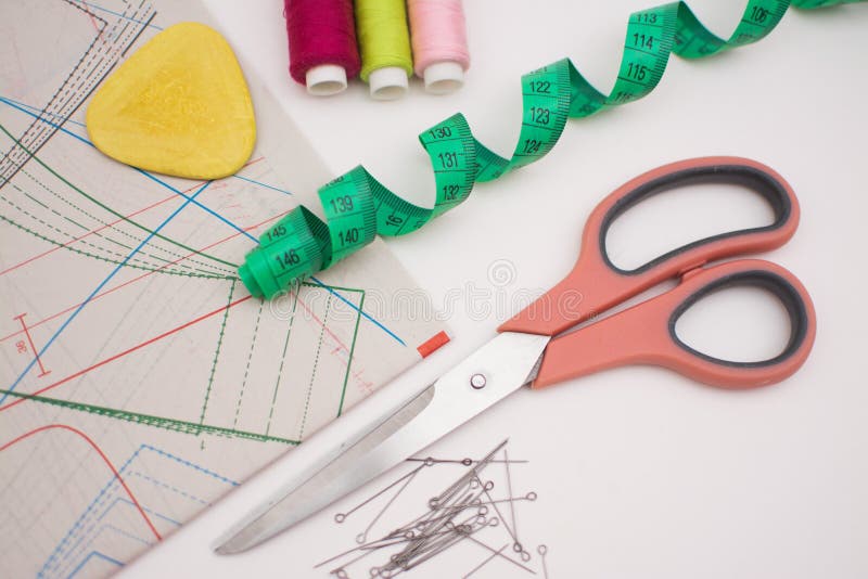 Multicolored Thread Coils and Measuring Tape on White Background. Stock ...