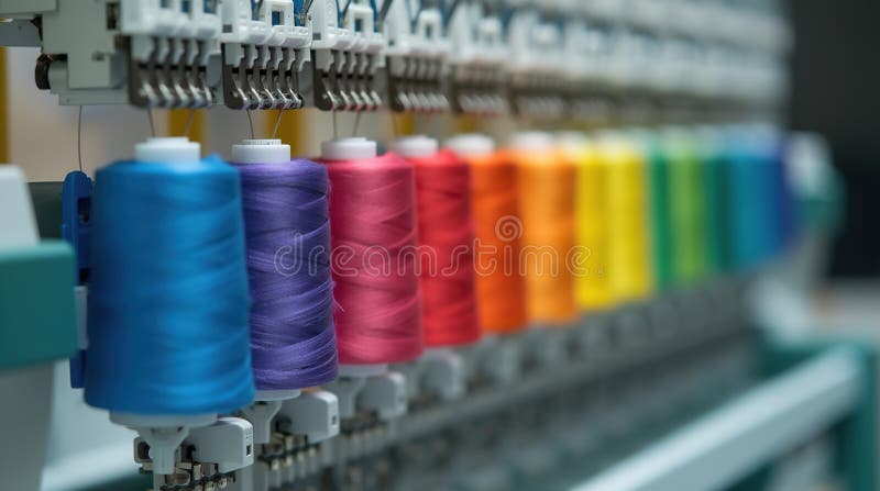 Multicolored Thread Spools on Industrial Embroidery Machine in Sewing ...