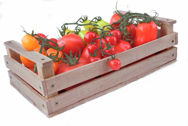 Multicolored Tomatoes in Wooden Box Stock Image - Image of cherry, leaf ...
