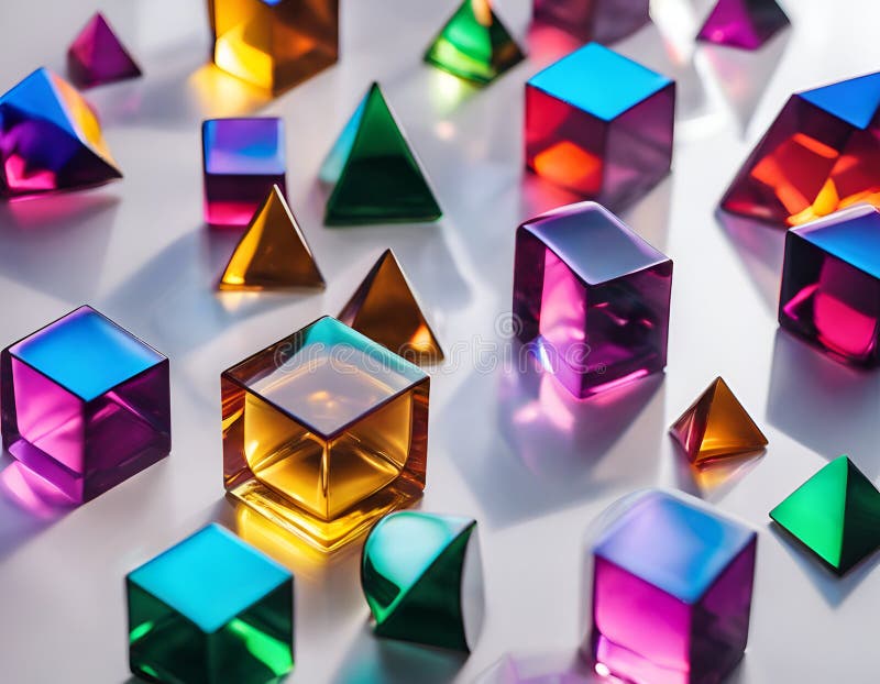 Multicolored, Translucent Glass Geometric Figures, Cube, Parallelepiped ...