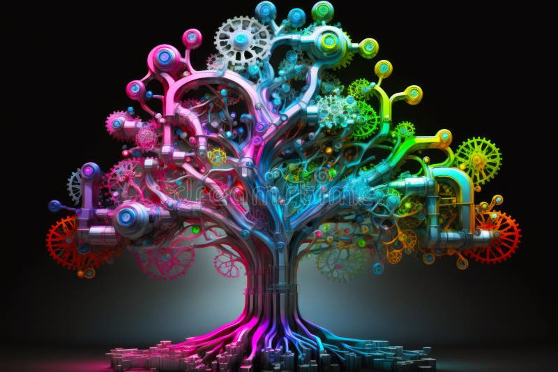 Multicolored Tree with Gears and Wheels on it S Trunk, with Black ...