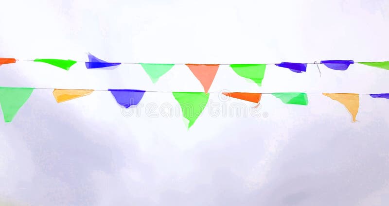 Multicolored Triangular Flags Hang on a String and Flutter in the Wind ...