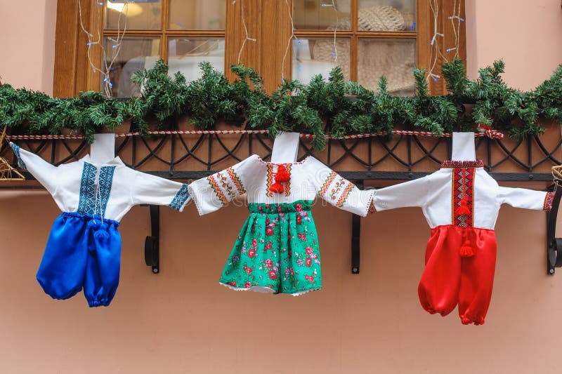Multicolored Ukrainian Costumes Hanging from the Balcony Stock Image ...