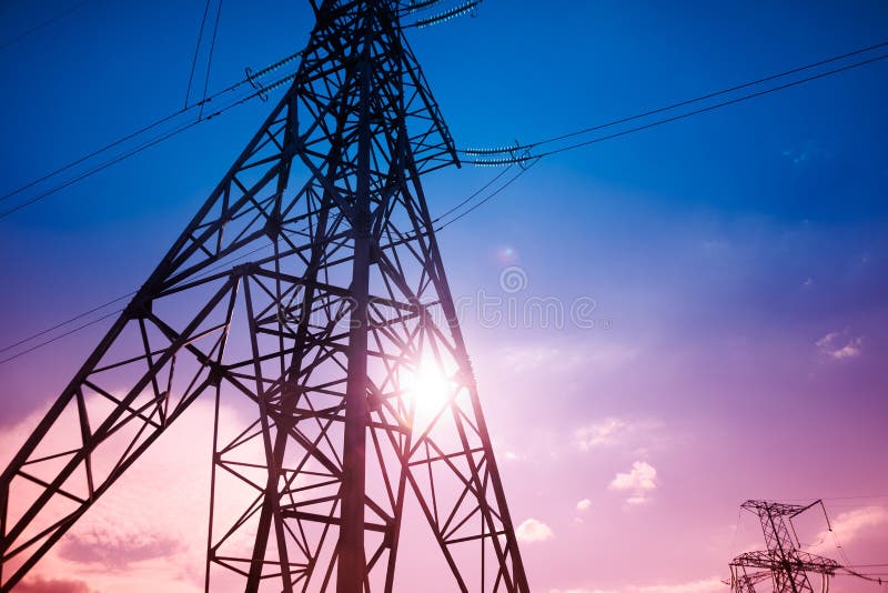 Multicolored Vivid Power Grid with Electricity Pylons and Power Station ... Multicolored Vivid Power Grid with Electricity Pylons and Power Station ...