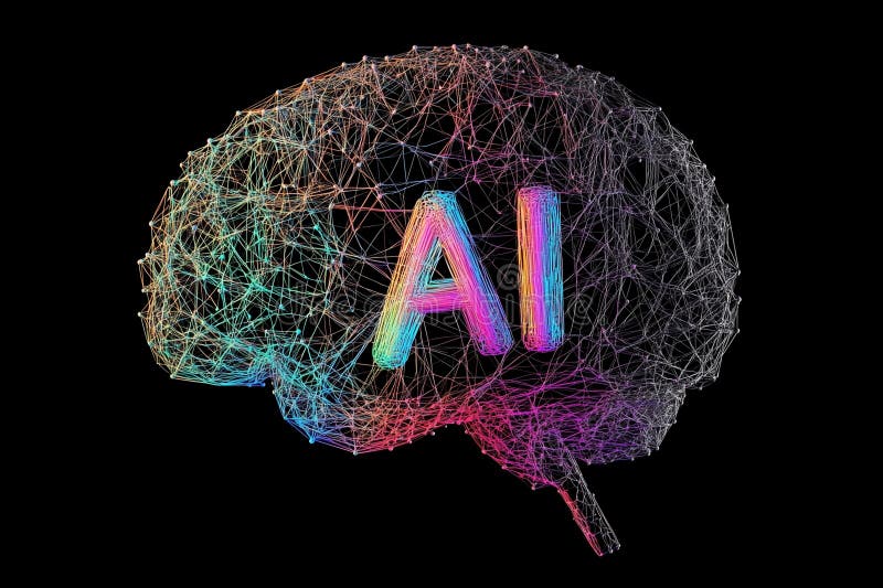 Multicolored Wireframe Brain Model with AI Inscription Stock ...
