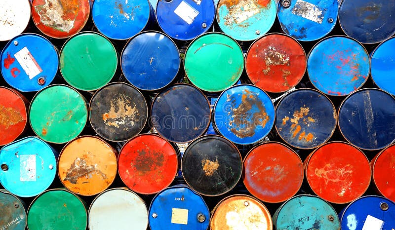 Multicolors Old Rusty Oil Barrels Stack in Rows Stock Photo - Image of ...