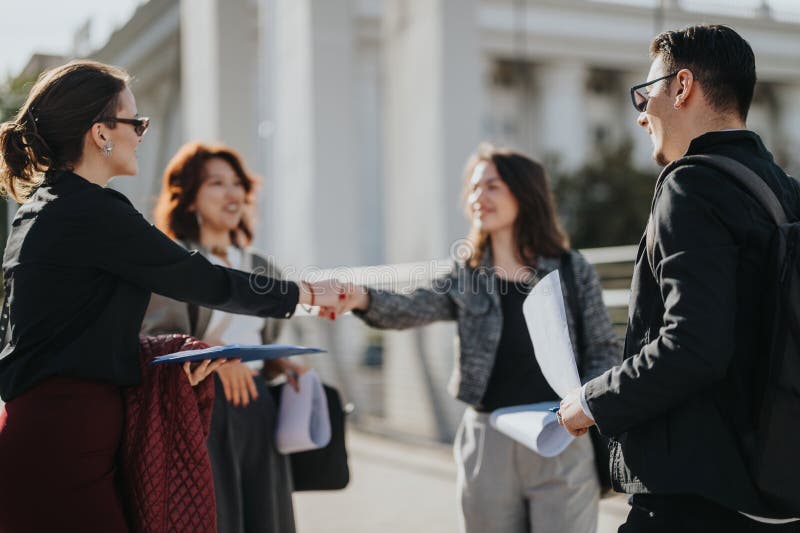 Multicultural Business Team Discussing Ideas Shaking Hands Outdoors ...