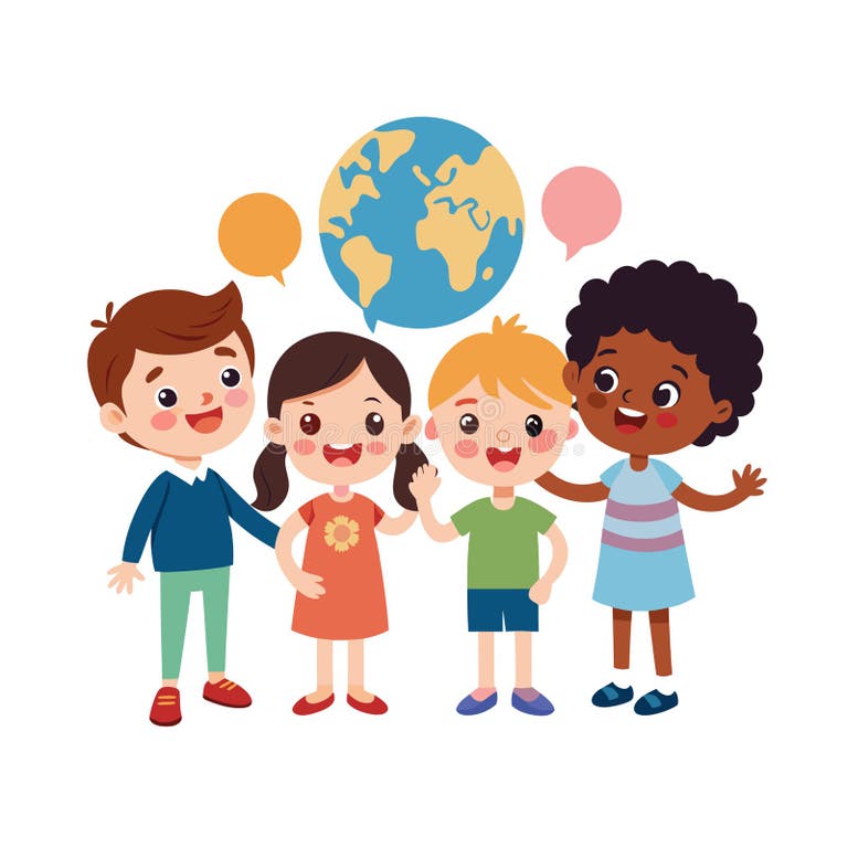 Multicultural Children Standing Together with Speech Bubbles and Globe ...