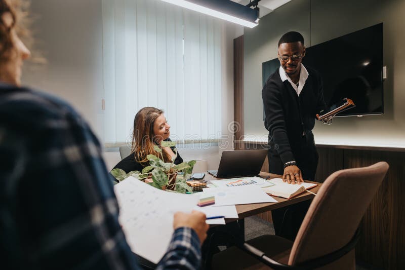 Multicultural Colleagues Discuss Project in Modern Office Environment ...