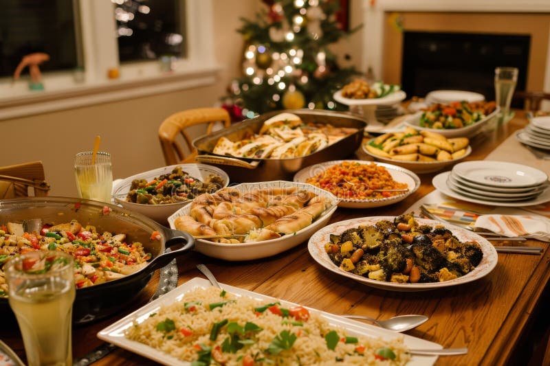 Multicultural Dinner Spread on Wooden Table, a Multicultural Dinner ...