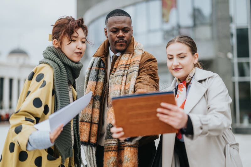 Multicultural Group of People Collaborating Outdoors with Documents and ...