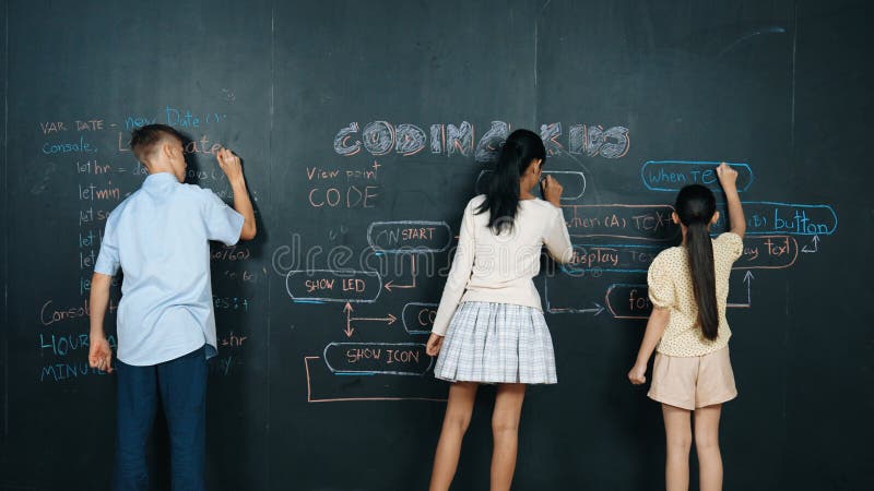 Multicultural Highschool Student Writing Blackboard with Code ...