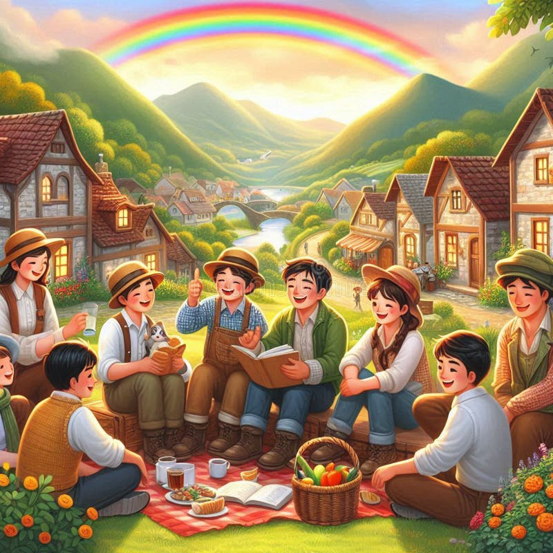 Multicultural Individuals Relaxing on Grass with a Rainbow Overhead ...