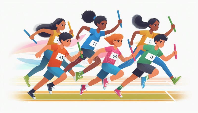 Multicultural Kids Running a Relay Race, Teamwork, Energy, and Fun ...