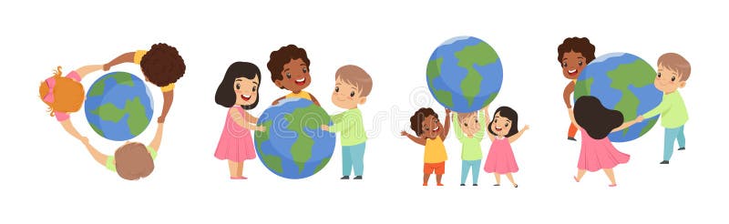 Multicultural Little Kids with Earth Globe Together Vector Set Stock ...