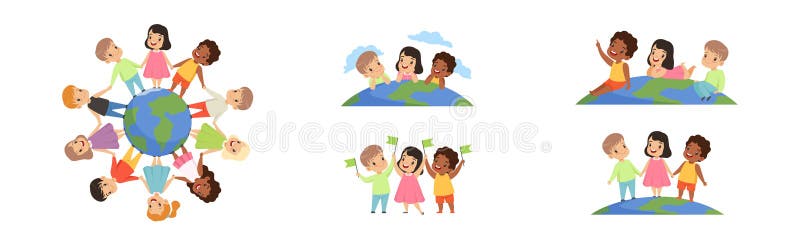 Multicultural Little Kids with Earth Globe Together Vector Set Stock ...