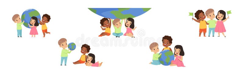 Multicultural Little Kids with Earth Globe Together Vector Set Stock ...