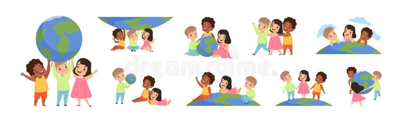 Multicultural Little Kids with Earth Globe Together Vector Set Stock ...