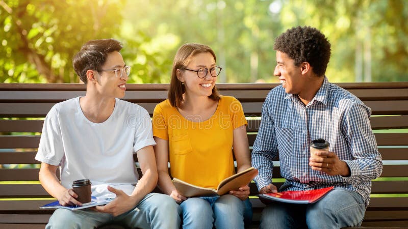 Multicultural Millennials Talking Sitting Bench Outside College Classes ...