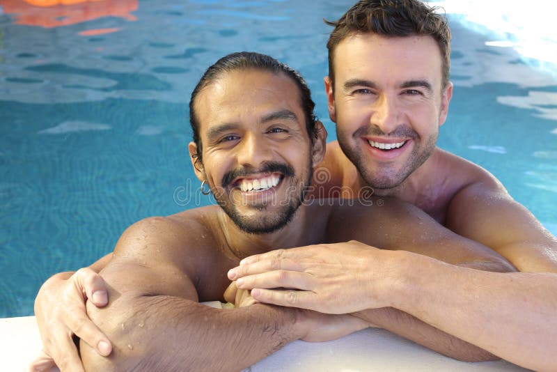 Multicultural Same Sex Couple in the Swimming Pool Stock Image - Image ...