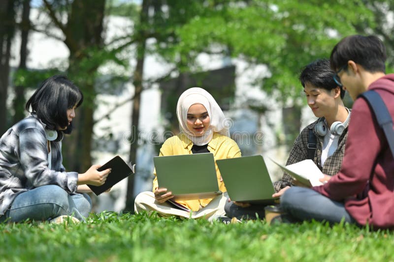 Multicultural Students Doing Group Project Together on Green Lawn at ...