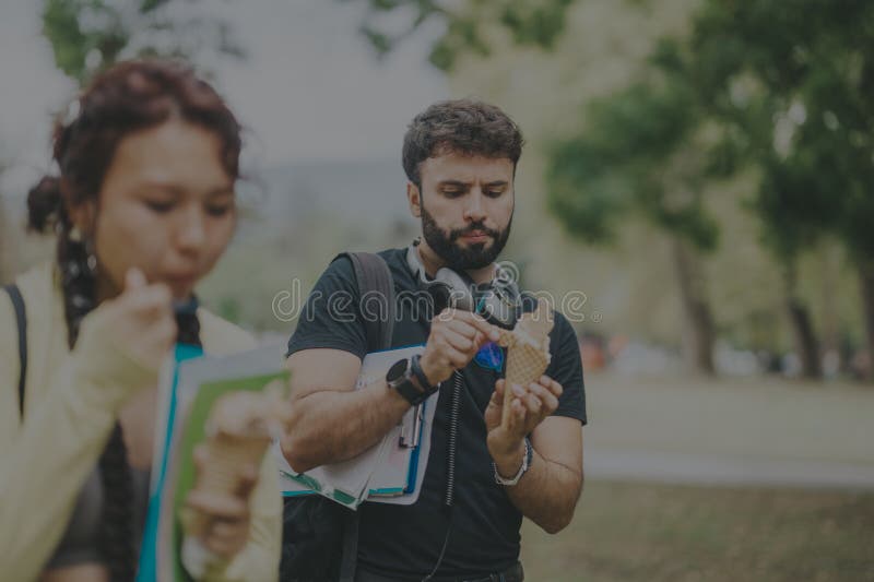 Multicultural Students Enjoying Ice Cream Park Class Break Stock Photos ...