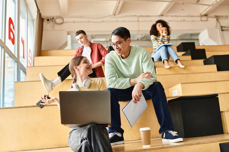Multicultural Students Sit on Bleachers, Focused Stock Image - Image of ...