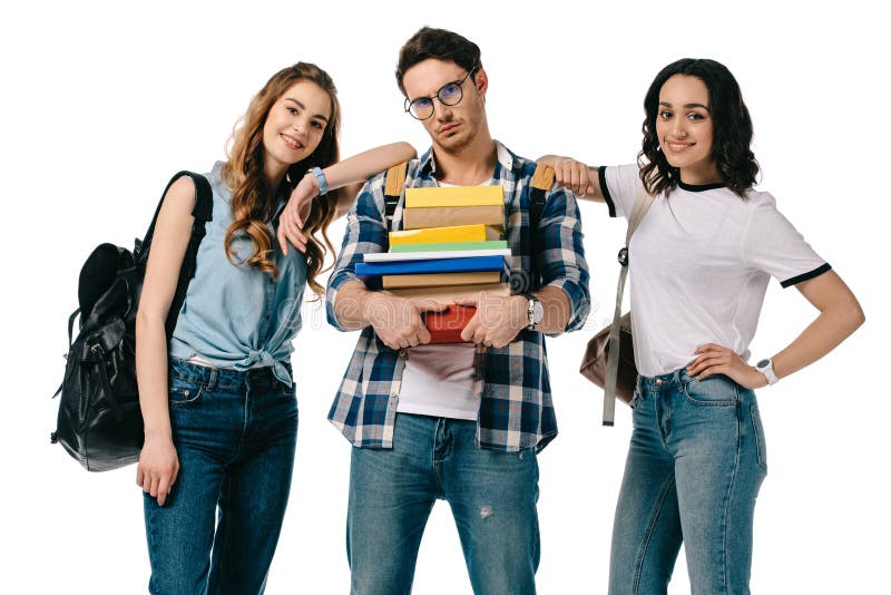 Multicultural Students with Stack of Books for Studying Stock Photo ...