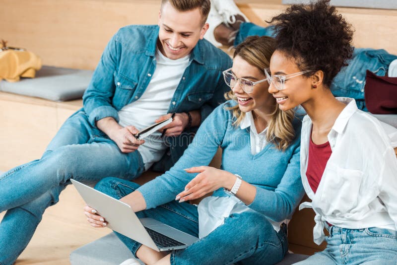 Multicultural Students Using Laptop in Lecture Hall Stock Image - Image ...